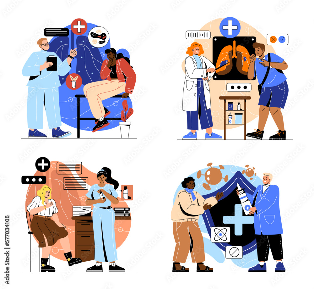 Respiratory illness. Set of characters or patients with flu, cough ...