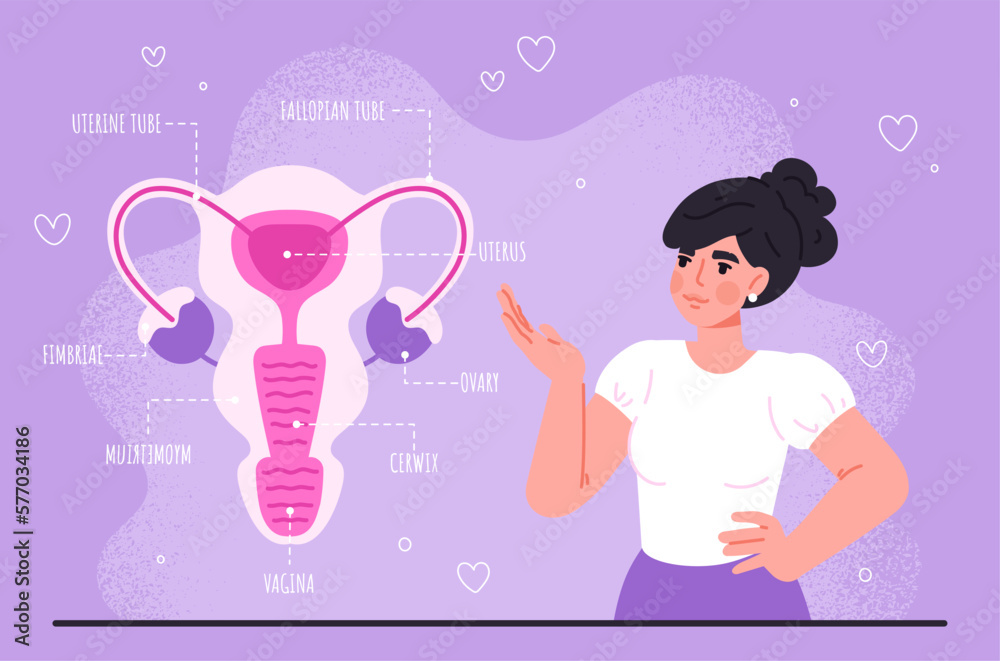 Young Girl With Uterus Sex Education Infographic Female Reproductive System Biology And