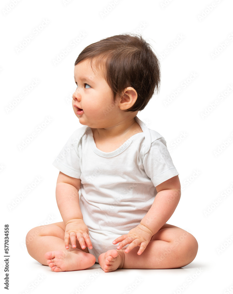 Cute baby in white onesie on transparent background Stock Photo | Adobe ...