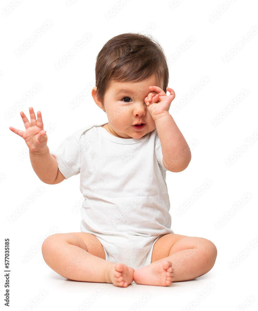 Cute baby in white onesie on transparent background Stock Photo | Adobe ...