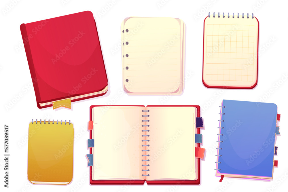 Set diary, note book in cartoon style top view, open, closed isolated ...