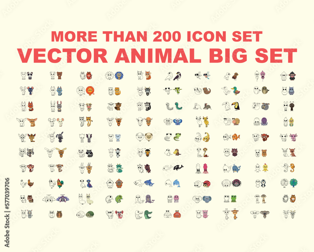 Animal icons big set with colour and black and white version. Vector ...