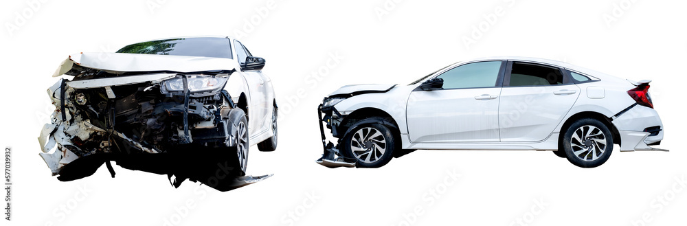 Front and side view of white car get damaged by accident on the road ...