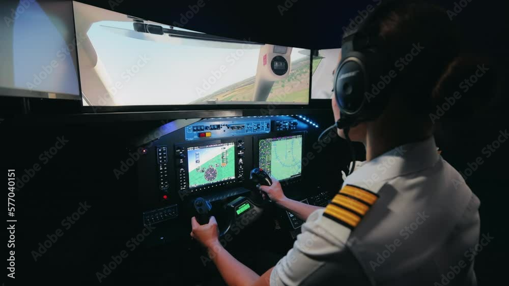 Back view of slim, young woman wearing uniform and earphones, flying ...