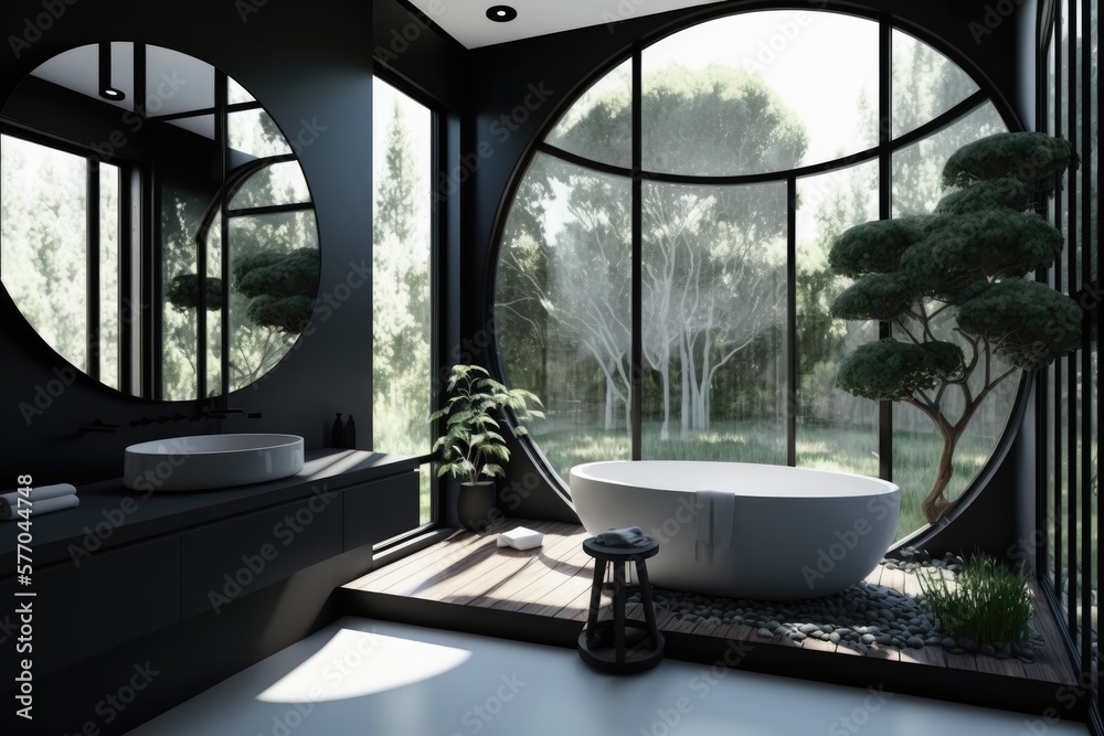 This black and wood bathroom features tall windows, a white circular ...