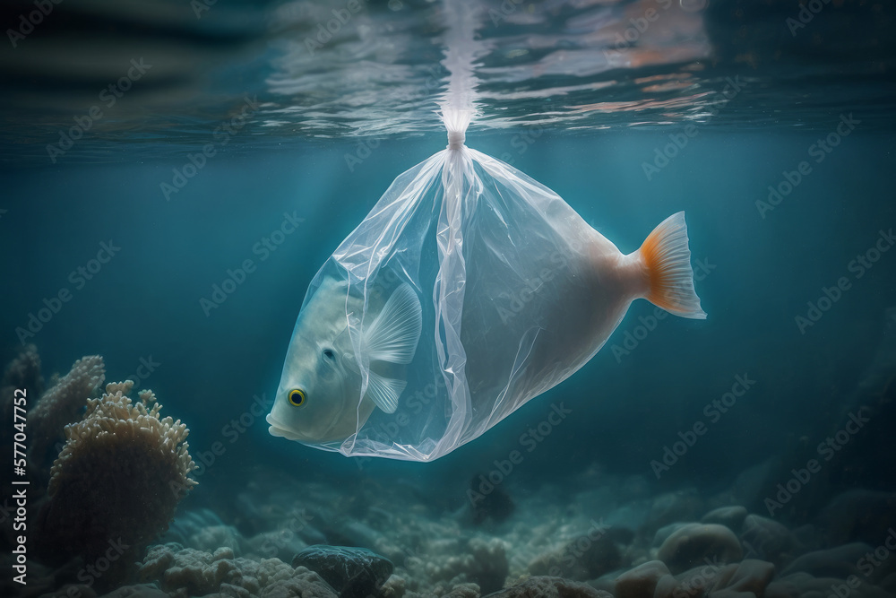 Ocean plastic pollution. A fish with plastic bag in the ocean ...