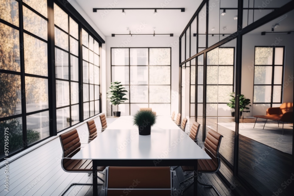 Interior of office space with windows, table and chairs, created using ...
