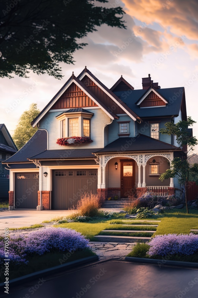 Large suburban house with lit windows over sky with clouds created ...
