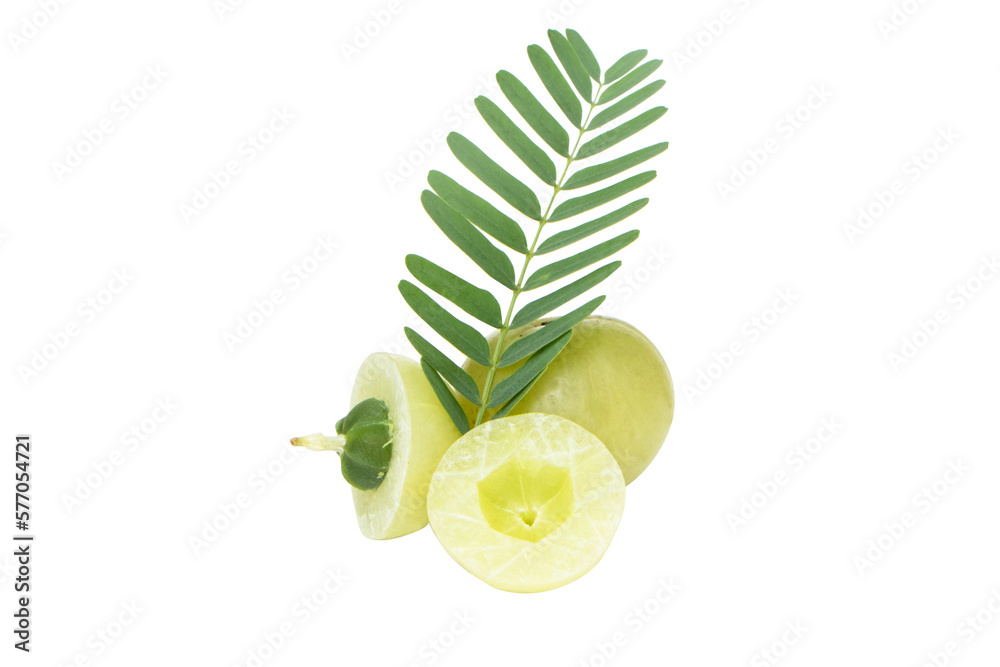 Indian gooseberry with leaves whole and cut in half fruits Amla berry ...