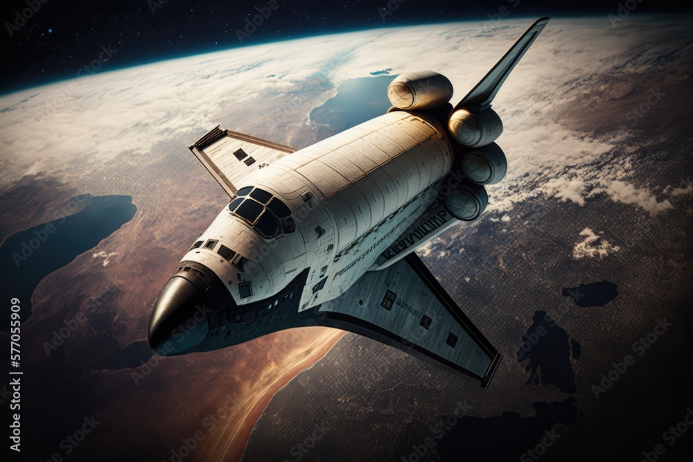 Spaceship flying in outer space over earth background, created using ...