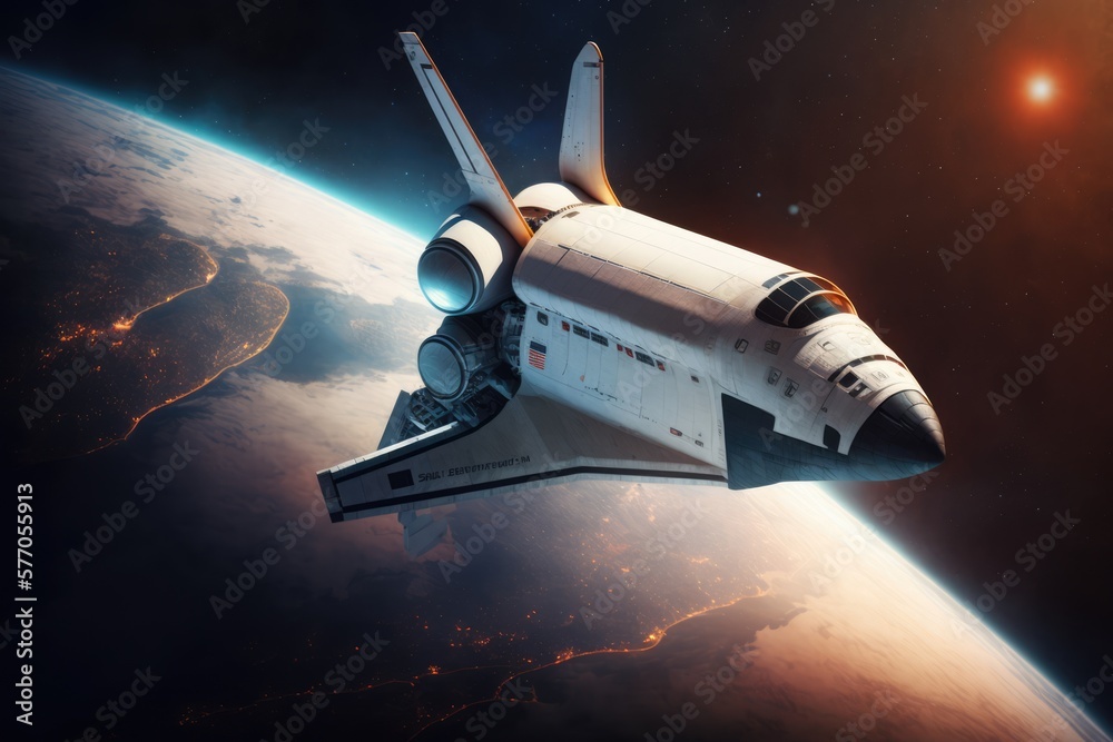 Spaceship flying in outer space over earth background, created using ...