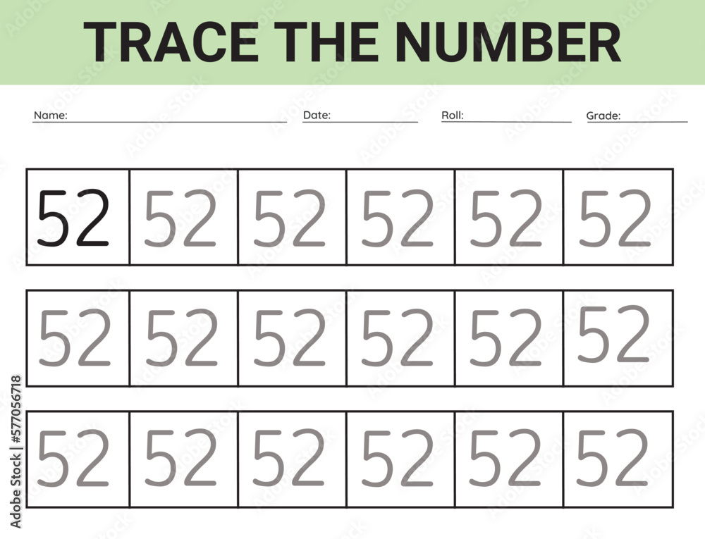 Number 52. card for kids learning to count and to write, worksheet for ...