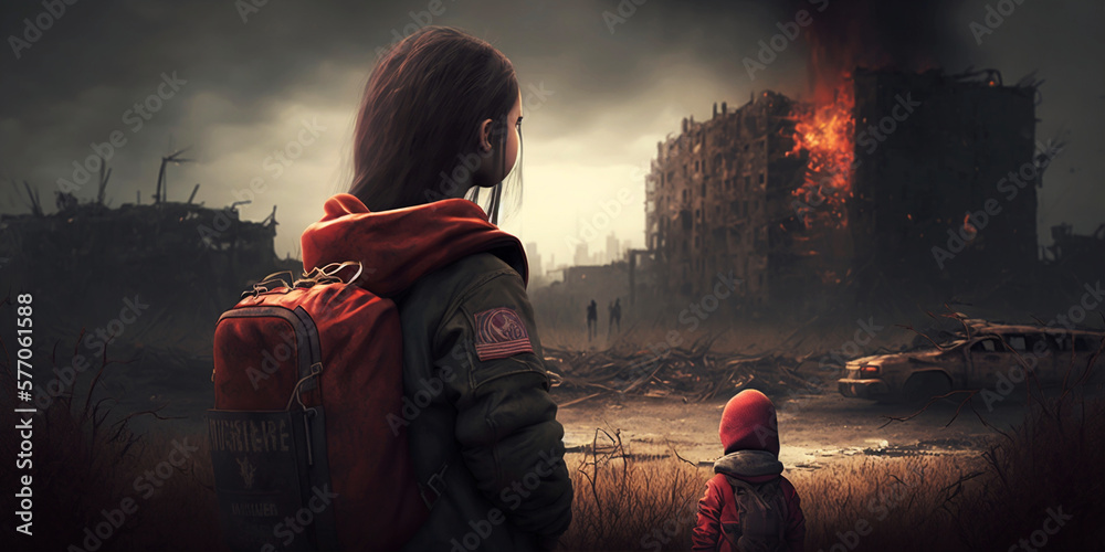 Little girl wearing backpack with little sister stand and look ahead ...