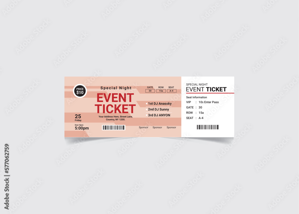 Event Ticket Vector Template, Cinema Ticket, Music Show Ticket Stock ...