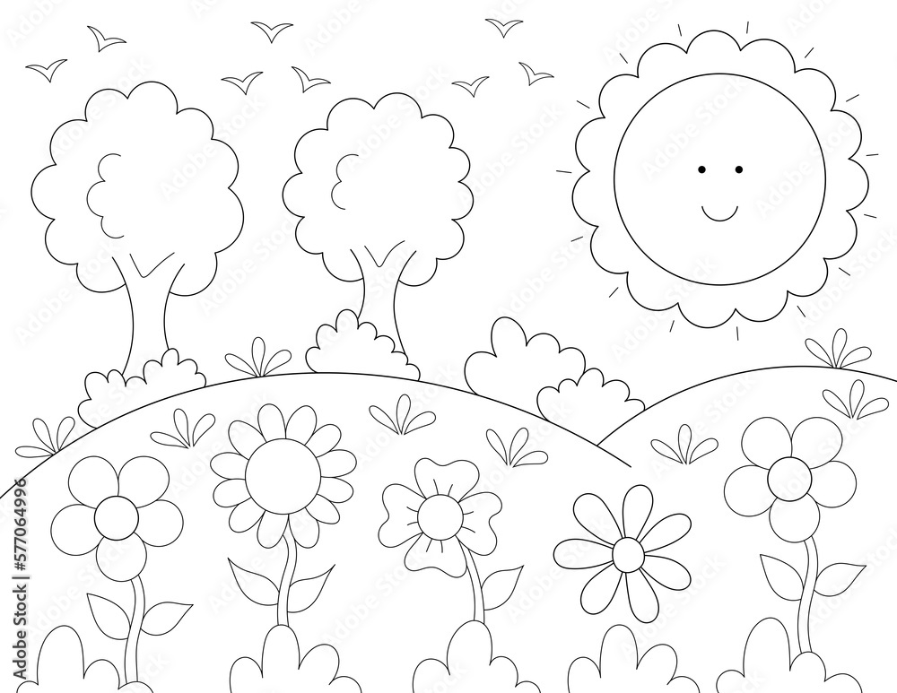 cute design with flowers, a cartoon sun and trees. coloring page that ...