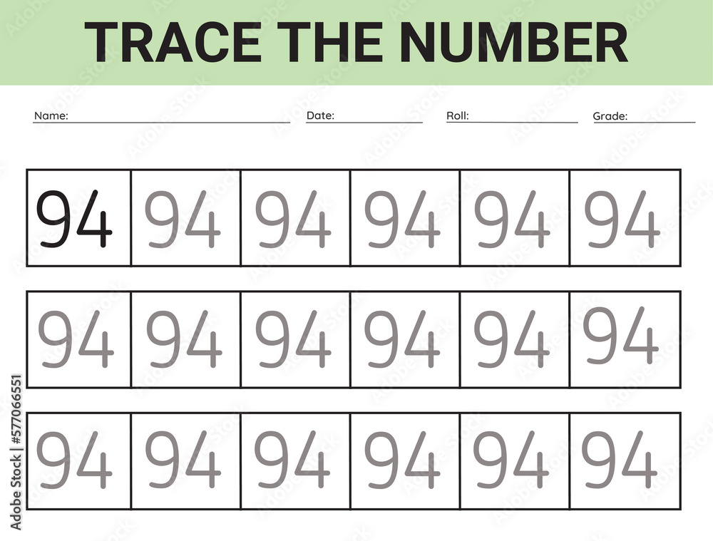 Number 94. card for kids learning to count and to write, worksheet for ...