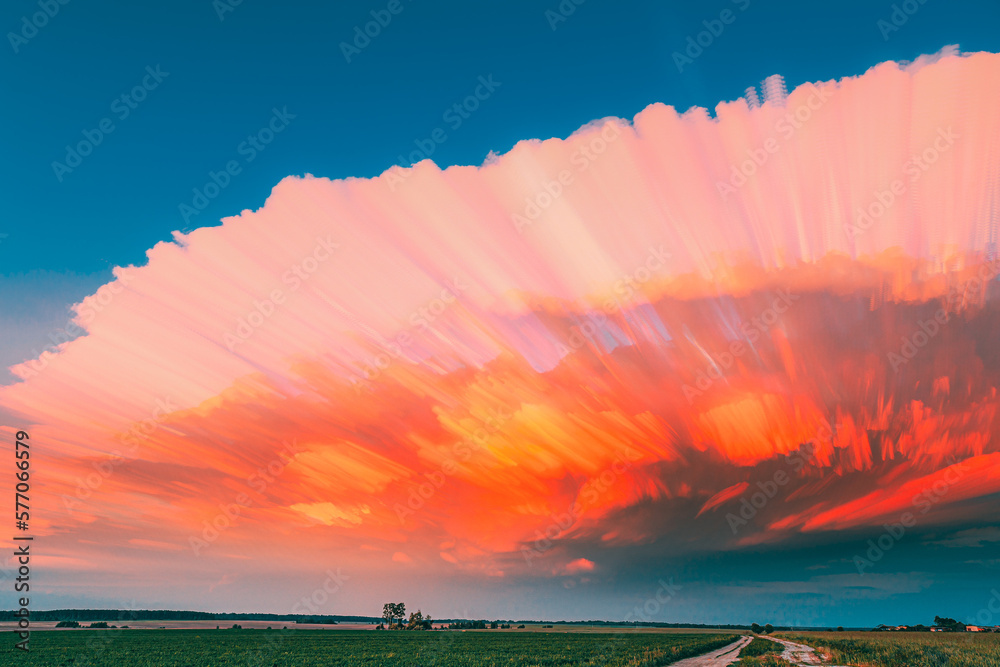 Long Exposure Fasters Clouds Above Countryside Rural Field Landscape ...