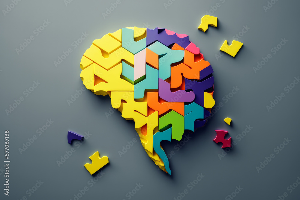 Brain shape made from wooden puzzle blocks. Logical thinking side of ...