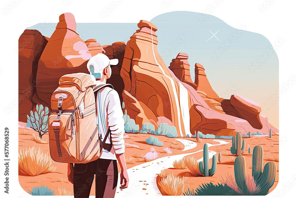 An illustration of a person exploring natural landmarks with small ...