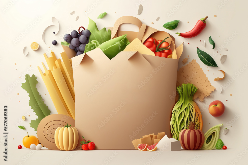 Healthy food background. Healthy food in paper bag meat, fruits ...