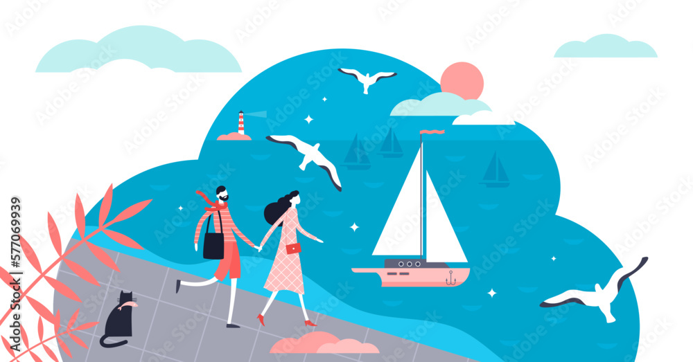 Seafront illustration, transparent background. Flat tiny classical ...