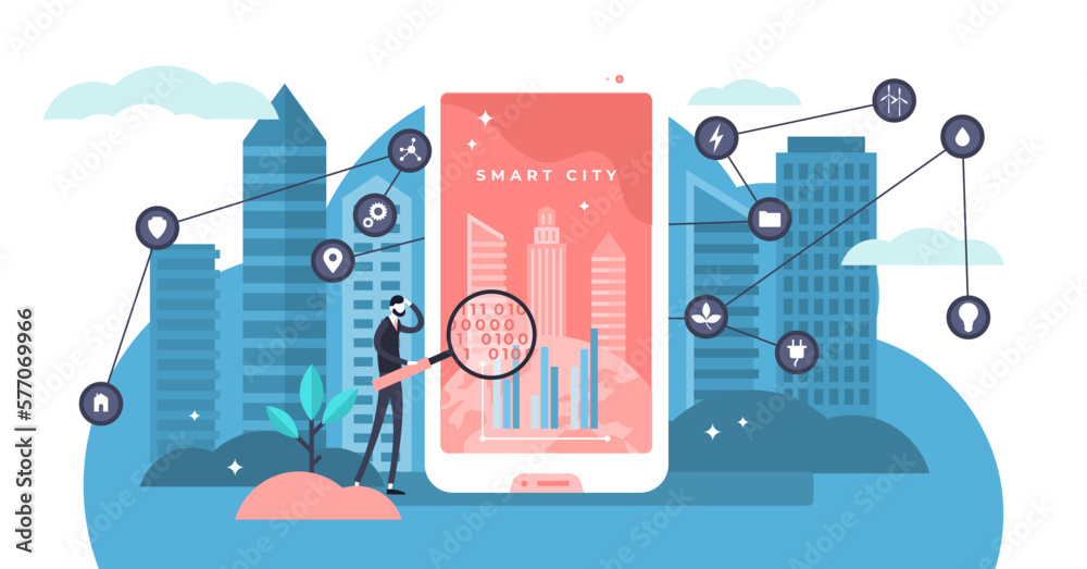 Smart city illustration, transparent background. Flat tiny digital ...