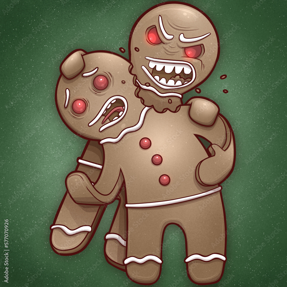 Poster Cannibal Gingerbread Man Attack Cartoon Illustration – Wall Art ...