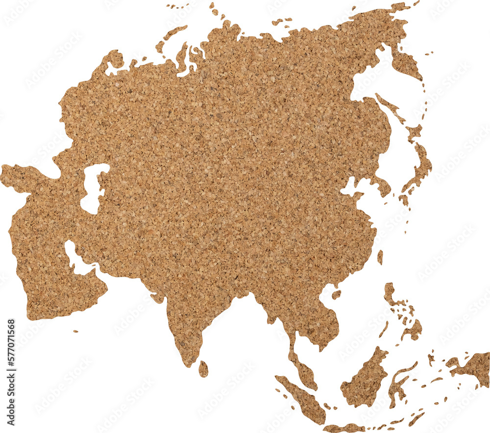 Asia map cork wood texture cut out on transparent background. Stock ...