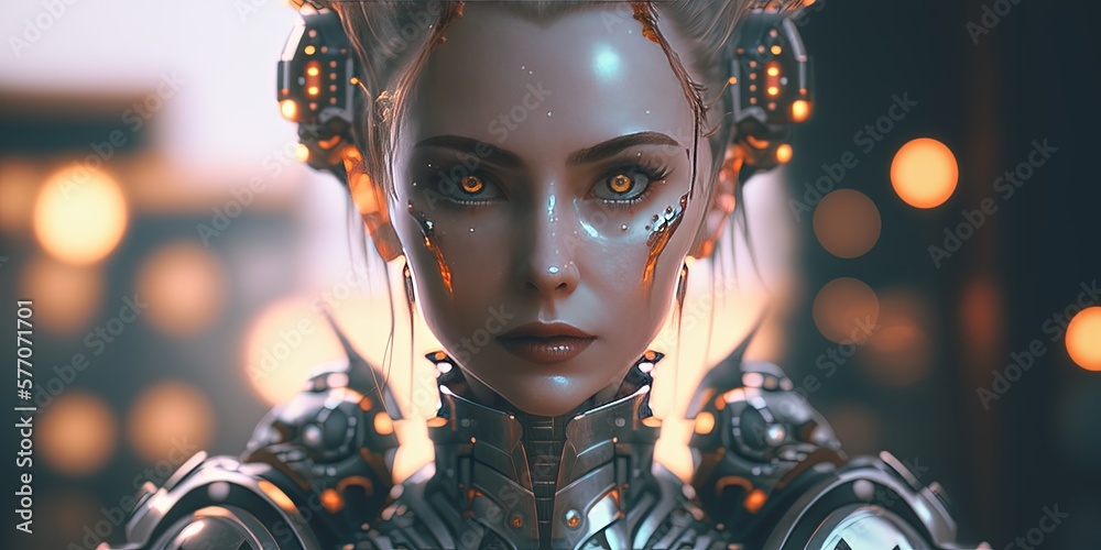 closeup face artificial intelligent female cyborg, female meta human in ...