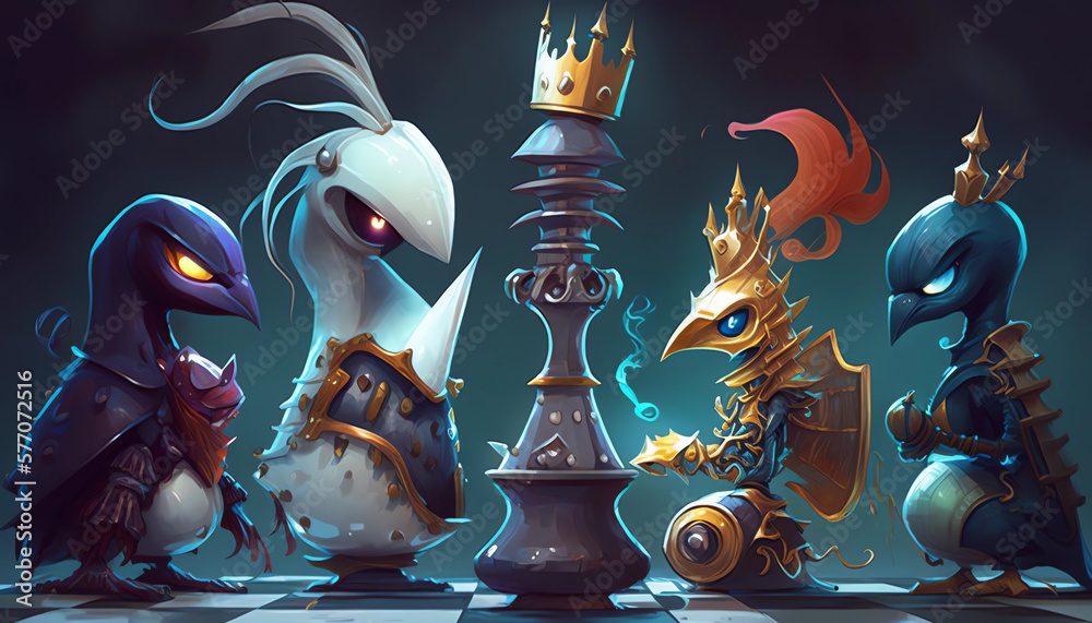 Fantasy chess where the pieces are alive with rook, squire, and knight ...