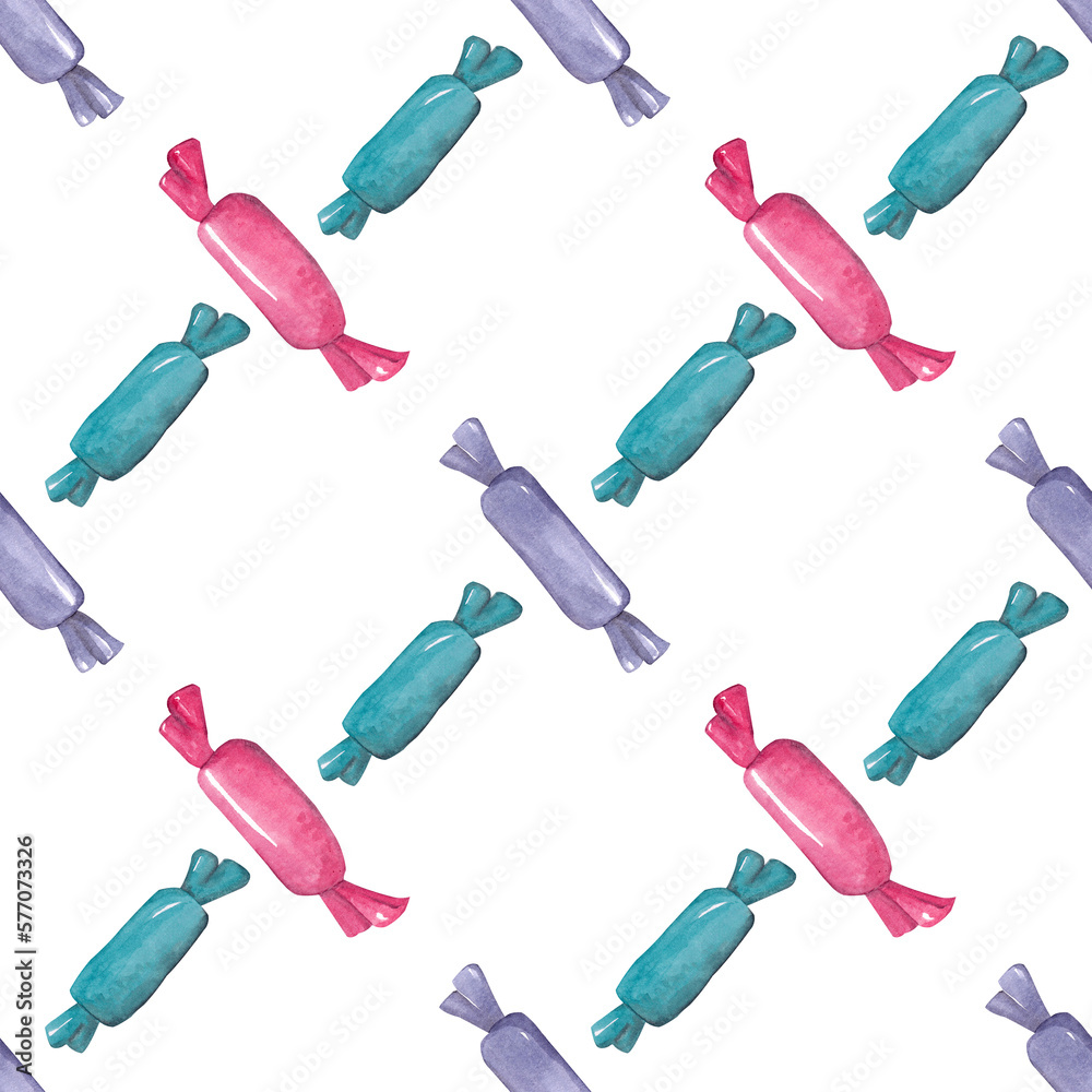 Watercolor drawing of sweets in colorful wrappers. Seamless diagonal ...