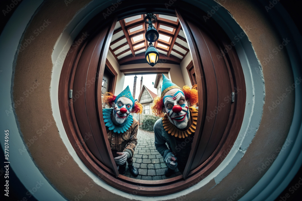 Robbers In Clown Masks At The Door Concept Of Home Invasion And