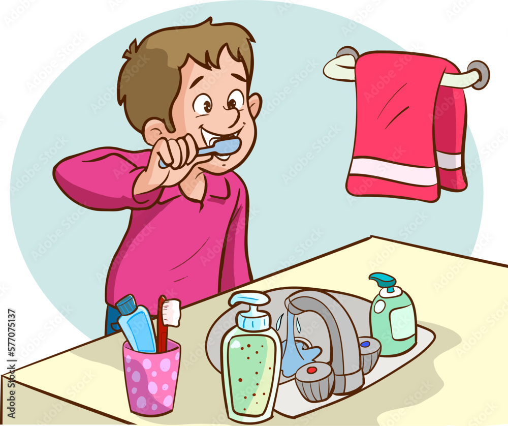 child brushing his teeth cartoon vector Stock Vector | Adobe Stock