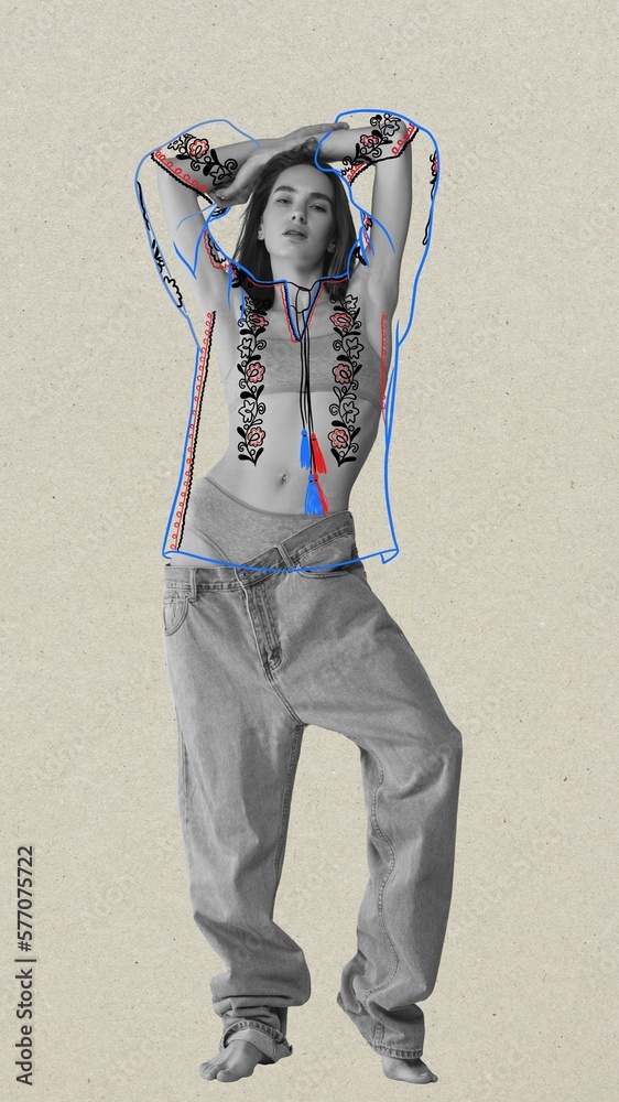 Freedom. Contemporary art collage. Young slender girl posing in drawing ...