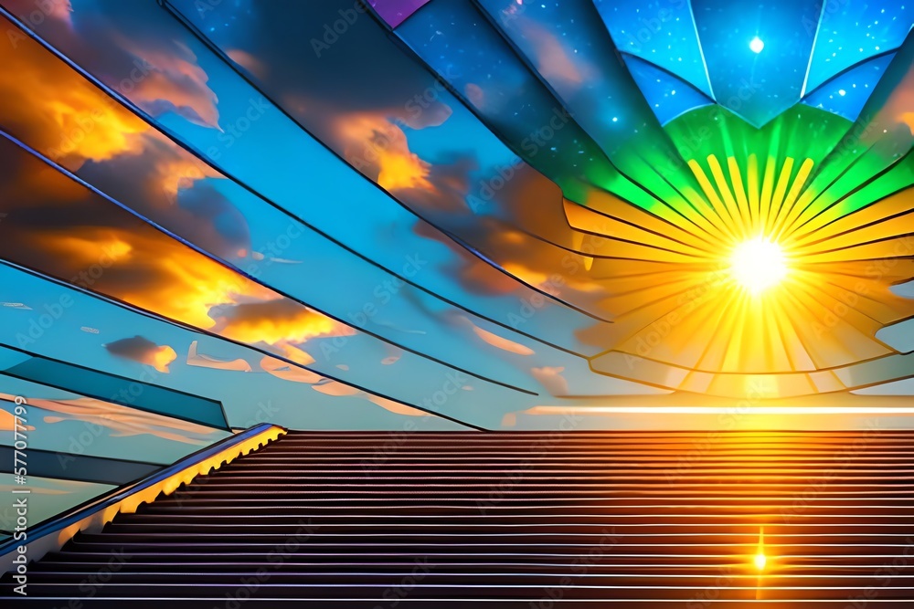 Stained glass of ascending stairs to the sun. God is great. bright ...