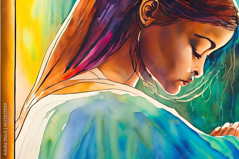 Stained glass of Christian worship and praise. A young woman is praying ...