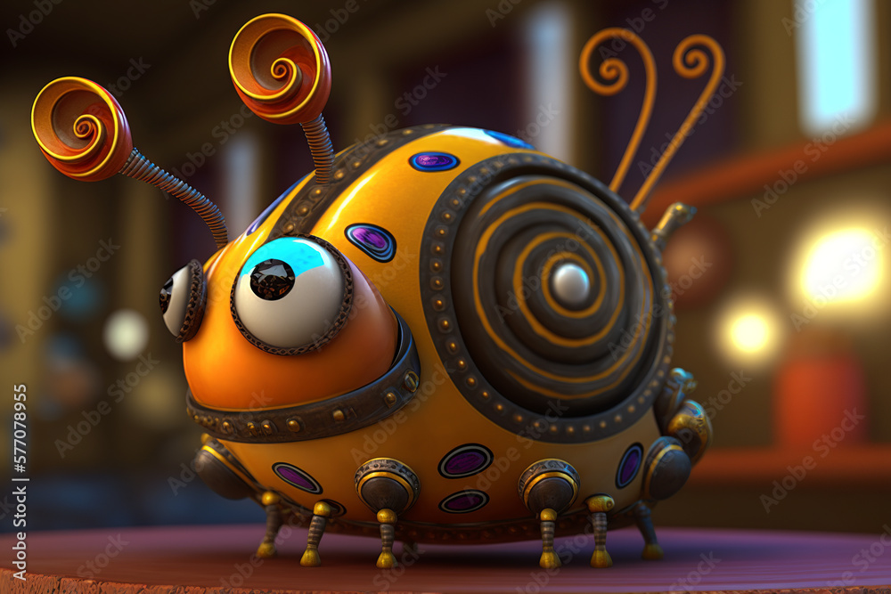 Ladybug 3D baby Toy on a blurred bokeh background. Golden mechanical ...