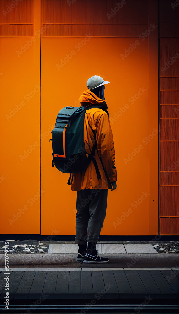 Young traveler back view. Back view of backpacker standing at urban ...