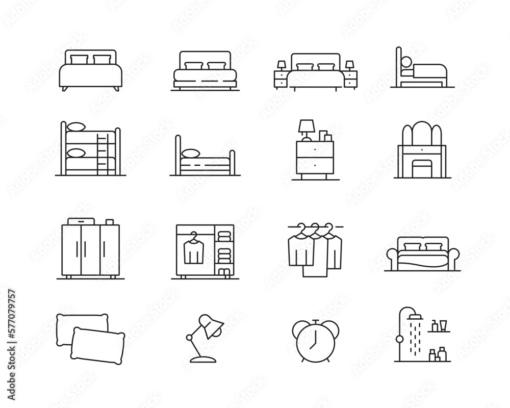 Bedroom Icon collection containing 16 editable stroke icons. Perfect for logos, stats and ...