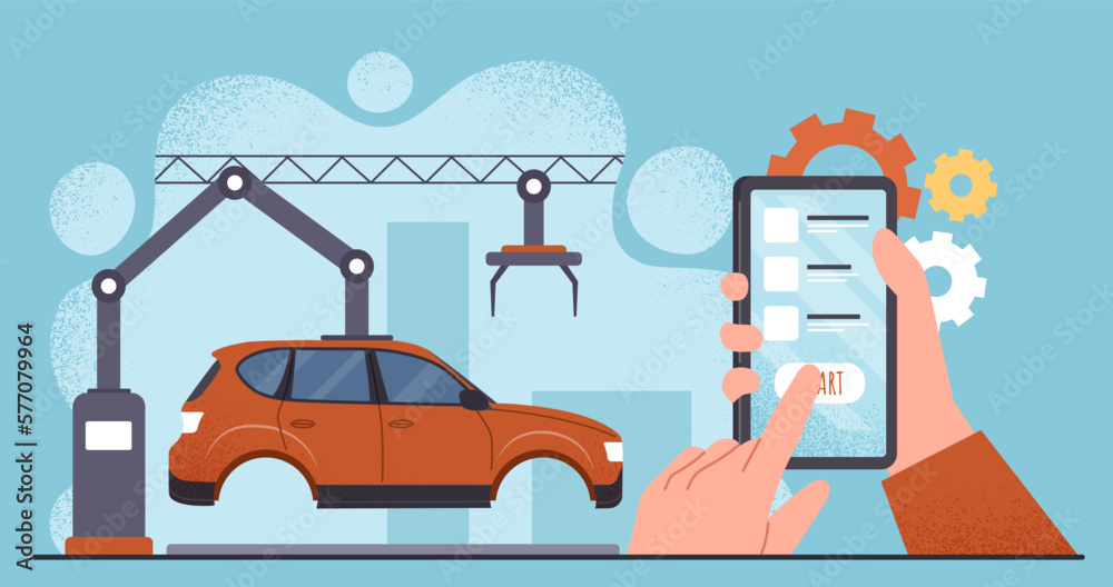 Controlling conveyors work. Character with smartphone controls assembly ...