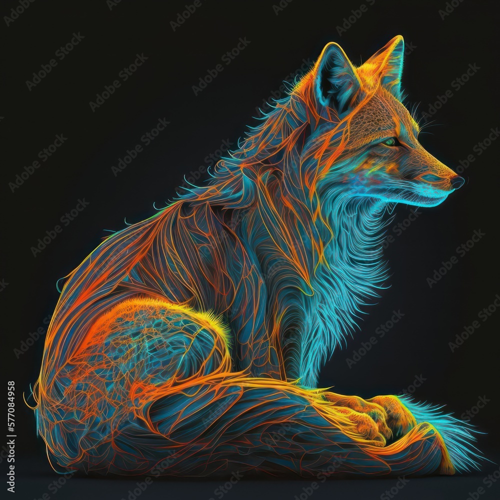 Neon fox. Abstract neon fox drawing. Generative AI. Stock Illustration ...