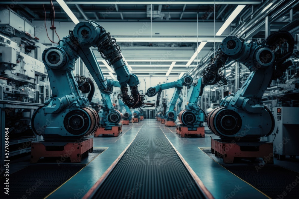 Modern factory using artificial intelligence robots arms and innovative ...