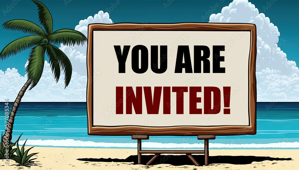 You are invited text on billboard on the beach with sea, coconut tree ...