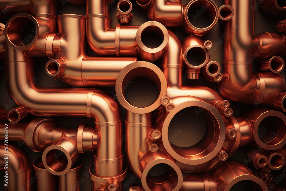 Copper metal pipes and fittings background texture. Created with ...