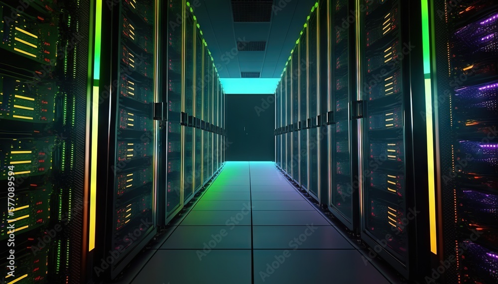 a long hallway with rows of servers in a data center with neon lights ...