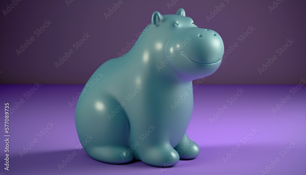 a blue plastic hippo sitting on a purple surface with a purple ...
