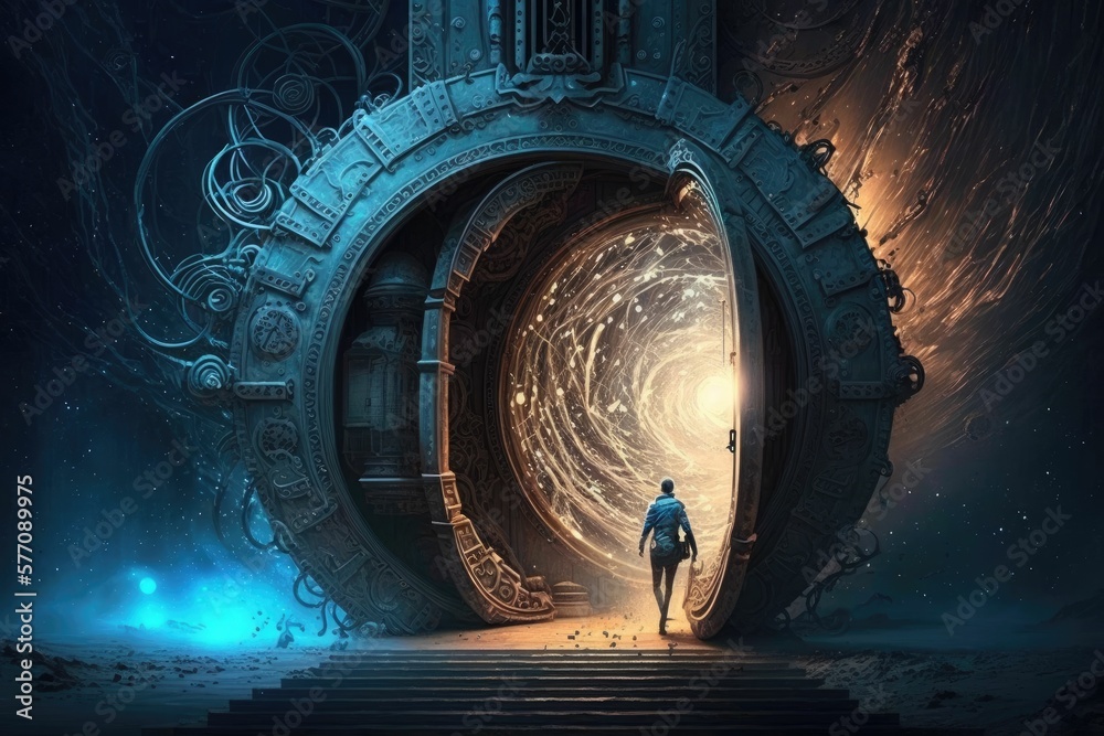 1 person entering a time machine with winding and ancient appearance of ...