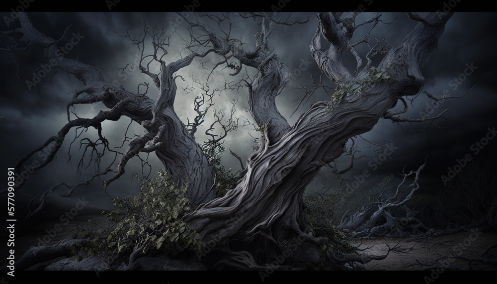 a creepy tree in a dark forest with a full moon in the sky behind it ...