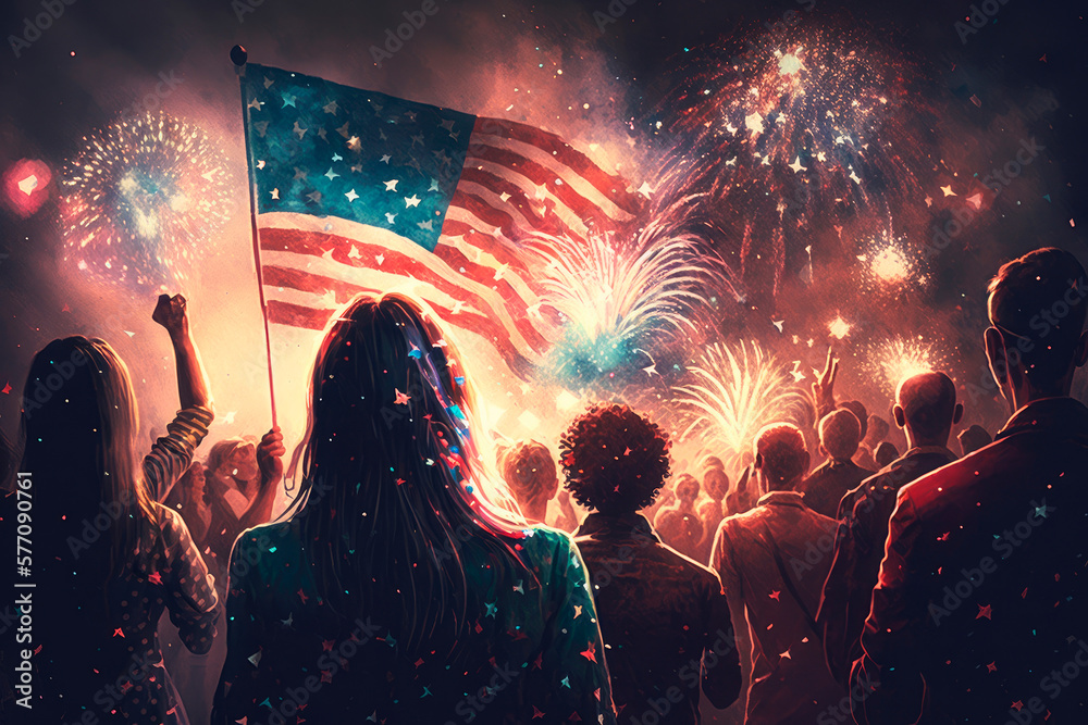 People celebrating the 4th of July. Flags and fireworks. Generative AI ...