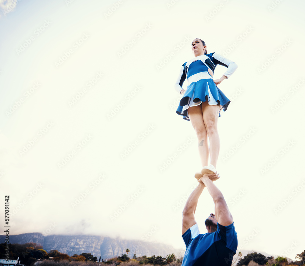 Cheerleading, sport lift and mockup outdoor for on cheer camp with exercise and fitness ...